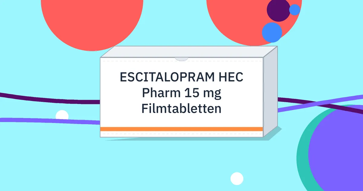Symbolbild: Packung mit der Aufschrift ESCITALOPRAM HEC Pharm 15 mg Filmtabletten (PZN 18219621) – Verfügbarkeit und Bezug in Apotheken in Frankfurt am Main
