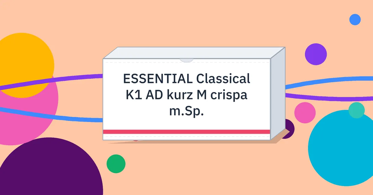 Symbolbild: Packung mit der Aufschrift ESSENTIAL Classical K1 AD kurz M crispa m.Sp. (PZN 16999968) – Verfügbarkeit und Bezug in Apotheken in Frankfurt am Main