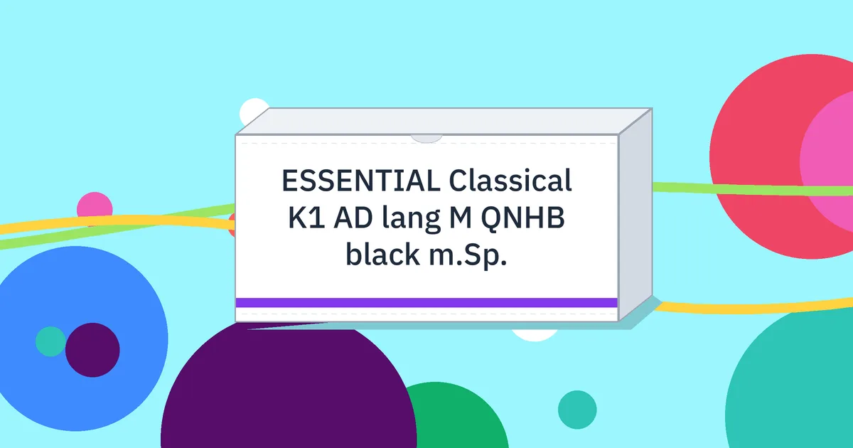 Symbolbild: Packung mit der Aufschrift ESSENTIAL Classical K1 AD lang M QNHB black m.Sp. (PZN 18866697) – Verfügbarkeit und Bezug in Apotheken in Frankfurt am Main