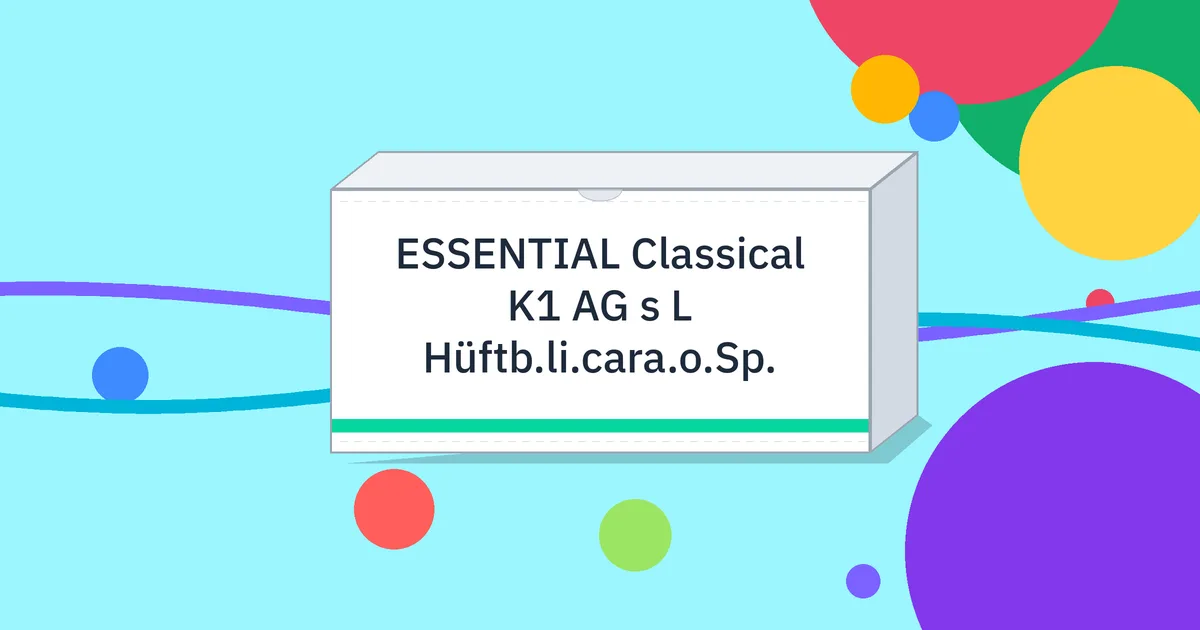 Symbolbild: Packung mit der Aufschrift ESSENTIAL Classical K1 AG s L Hüftb.li.cara.o.Sp. (PZN 17011410) – Verfügbarkeit und Bezug in Apotheken in Frankfurt am Main