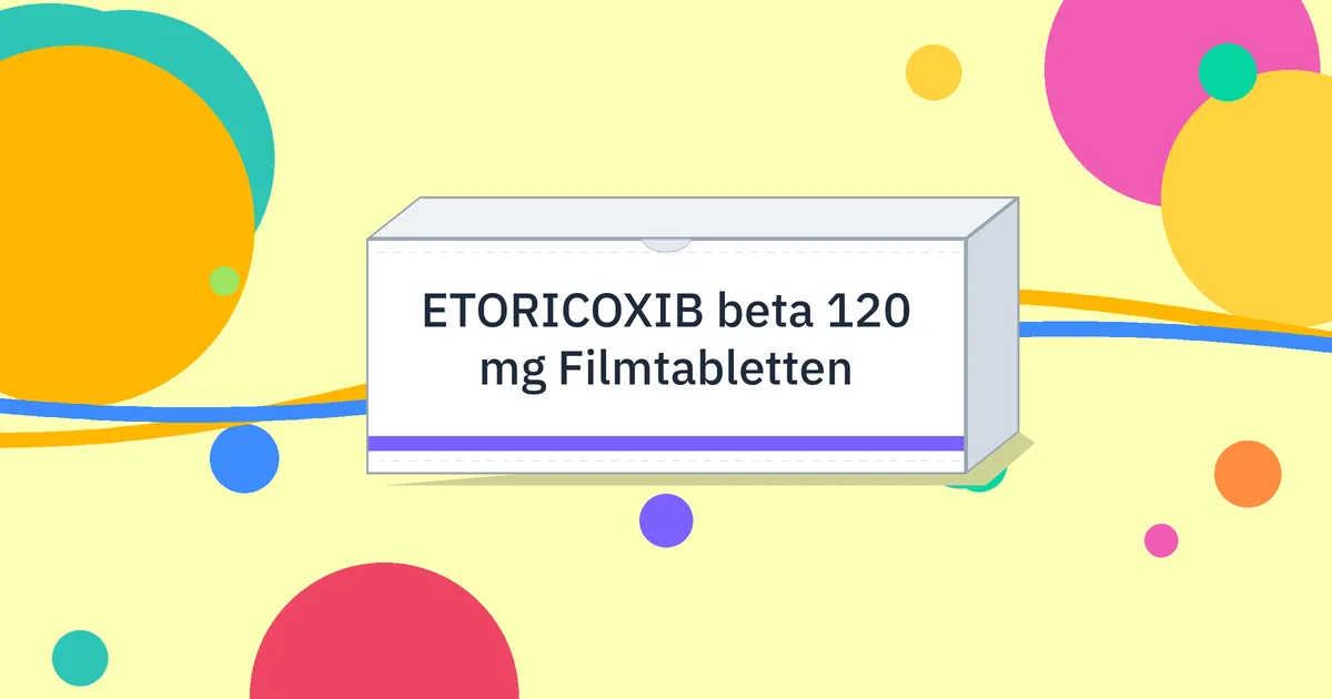 Symbolbild: Packung mit der Aufschrift ETORICOXIB beta 120 mg Filmtabletten (PZN 12444334) – Verfügbarkeit und Bezug in Apotheken in Frankfurt am Main