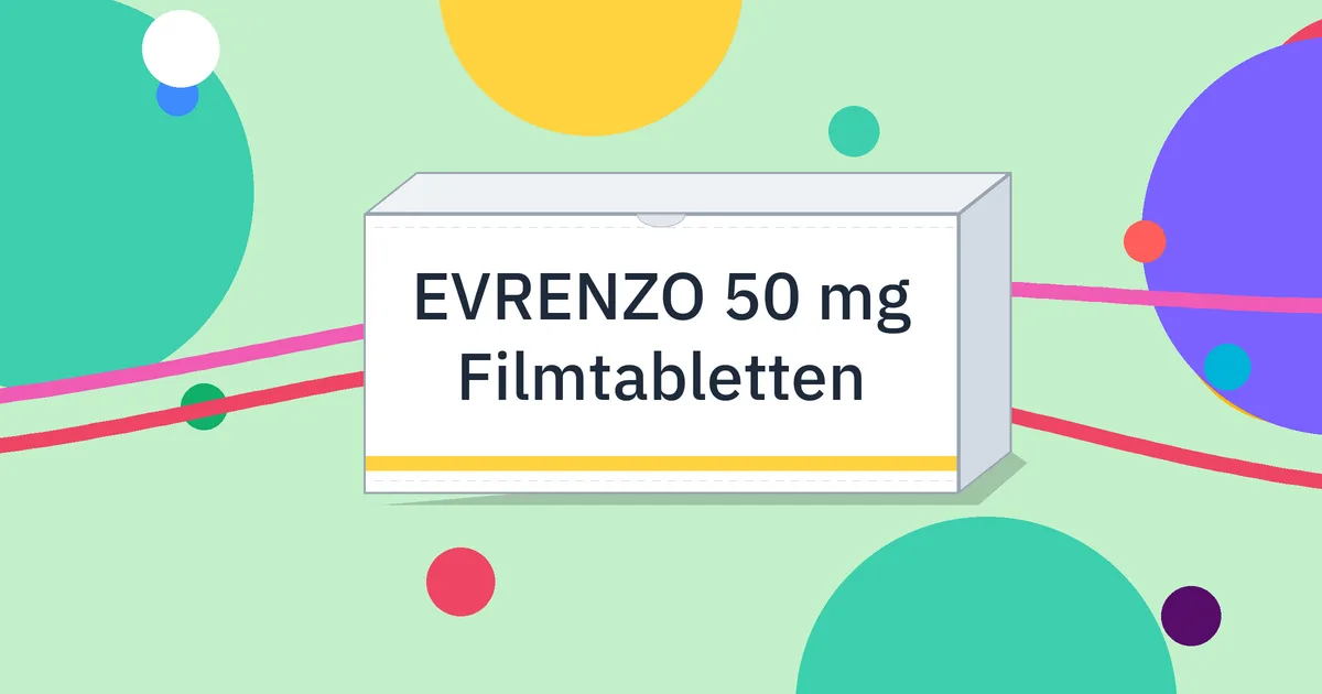 Symbolbild: Packung mit der Aufschrift EVRENZO 50 mg Filmtabletten (PZN 20589762) – Verfügbarkeit und Bezug in Apotheken in Frankfurt am Main