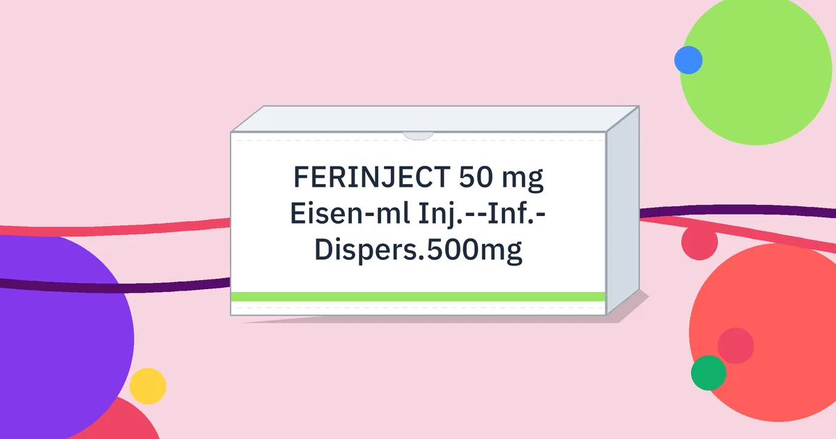Symbolbild: Packung mit der Aufschrift FERINJECT 50 mg Eisen-ml Inj.--Inf.-Dispers.500mg (PZN 19679158) – Verfügbarkeit und Bezug in Apotheken in Frankfurt am Main