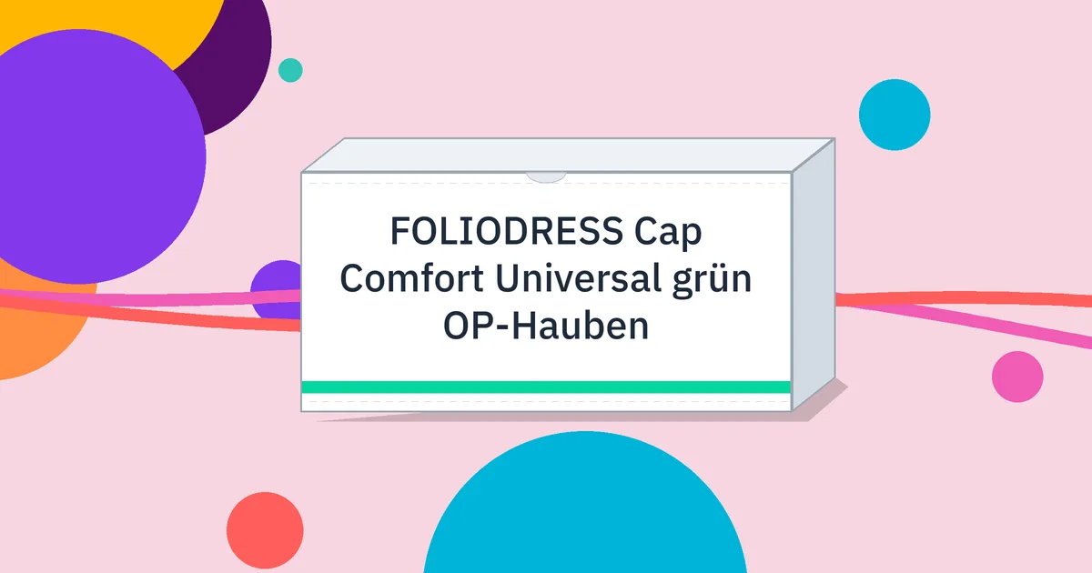 Symbolbild: Packung mit der Aufschrift FOLIODRESS Cap Comfort Universal grün OP-Hauben (PZN 00840102) – Verfügbarkeit und Bezug in Apotheken in Frankfurt am Main