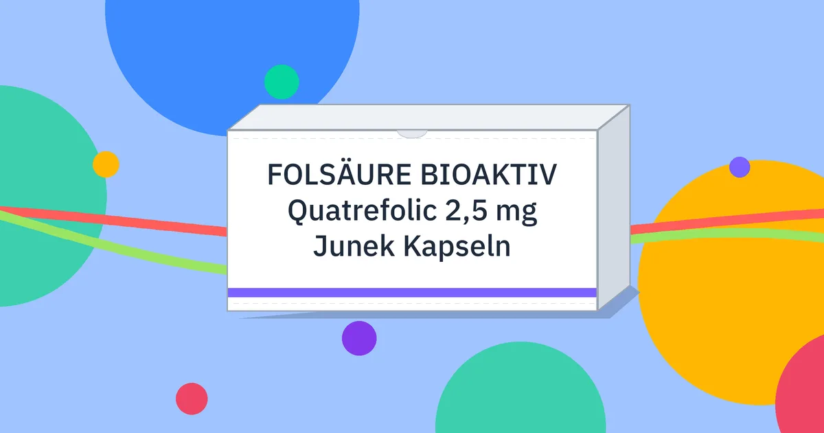 Symbolbild: Packung mit der Aufschrift FOLSÄURE BIOAKTIV Quatrefolic 2,5 mg Junek Kapseln (PZN 18311054) – Verfügbarkeit und Bezug in Apotheken in Frankfurt am Main