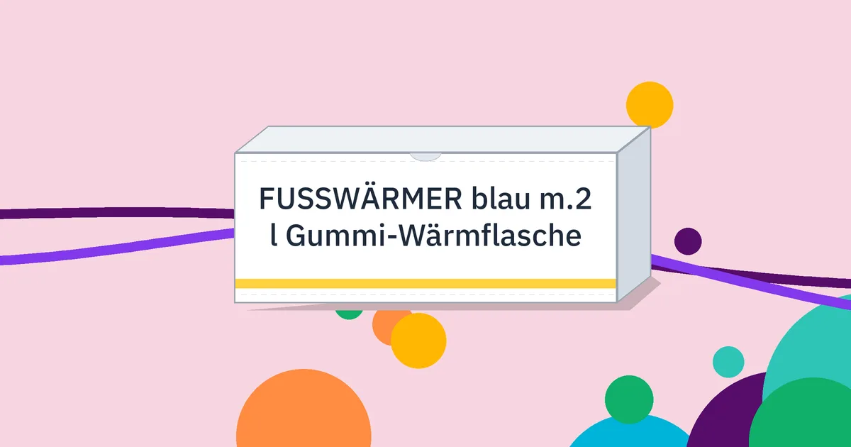 Symbolbild: Packung mit der Aufschrift FUSSWÄRMER blau m.2 l Gummi-Wärmflasche (PZN 01314924) – Verfügbarkeit und Bezug in Apotheken in Frankfurt am Main