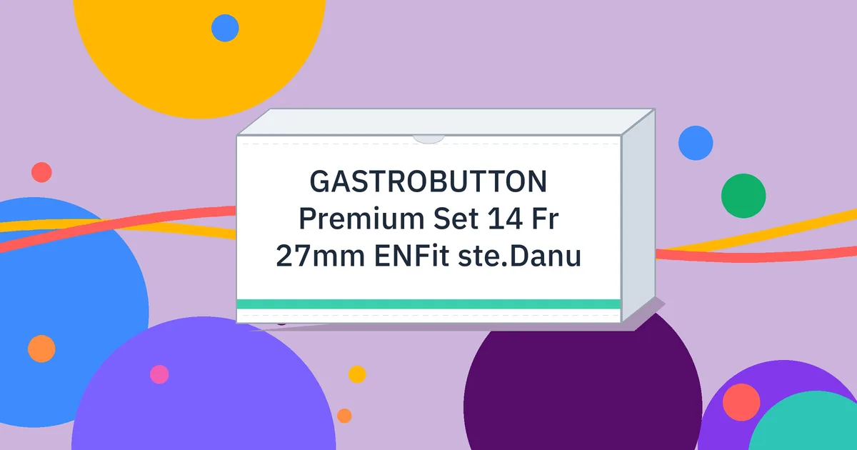 Symbolbild: Packung mit der Aufschrift GASTROBUTTON Premium Set 14 Fr 27mm ENFit ste.Danu (PZN 16883473) – Verfügbarkeit und Bezug in Apotheken in Frankfurt am Main