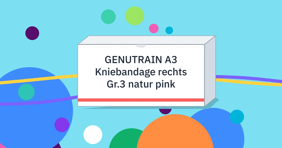 Symbolbild: Packung mit der Aufschrift GENUTRAIN A3 Kniebandage rechts Gr.3 natur pink (PZN 01071611) – Verfügbarkeit und Bezug in Apotheken in Frankfurt am Main