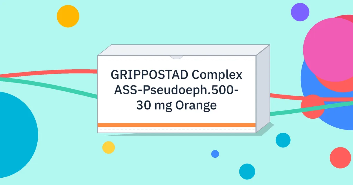 Symbolbild: Packung mit der Aufschrift GRIPPOSTAD Complex ASS-Pseudoeph.500-30 mg Orange (PZN 16903477) – Verfügbarkeit und Bezug in Apotheken in Frankfurt am Main