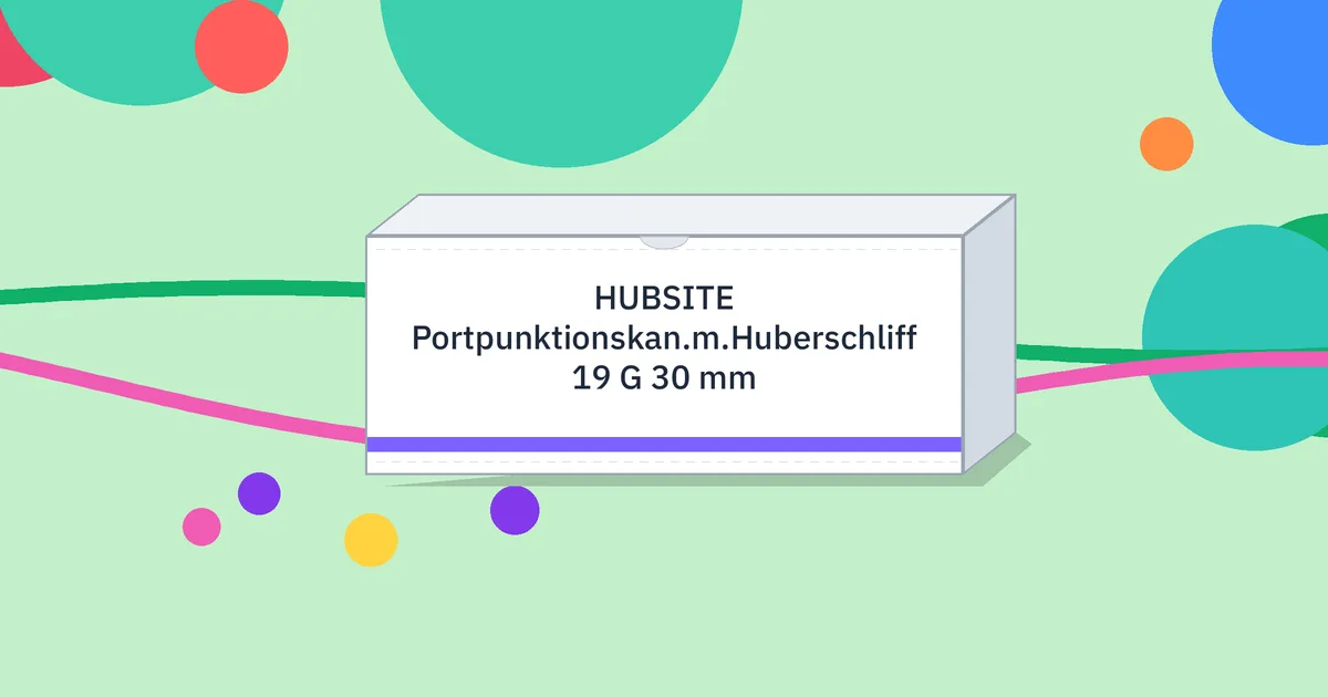 Symbolbild: Packung mit der Aufschrift HUBSITE Portpunktionskan.m.Huberschliff 19 G 30 mm (PZN 07369493) – Verfügbarkeit und Bezug in Apotheken in Frankfurt am Main