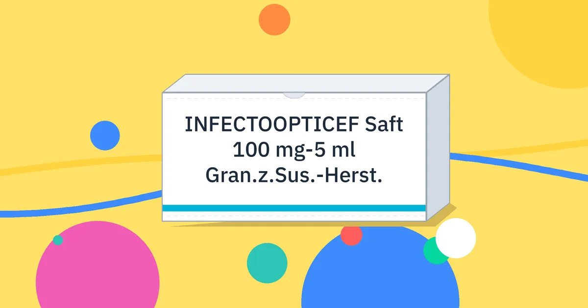Symbolbild: Packung mit der Aufschrift INFECTOOPTICEF Saft 100 mg-5 ml Gran.z.Sus.-Herst. (PZN 11285833) – Verfügbarkeit und Bezug in Apotheken in Frankfurt am Main