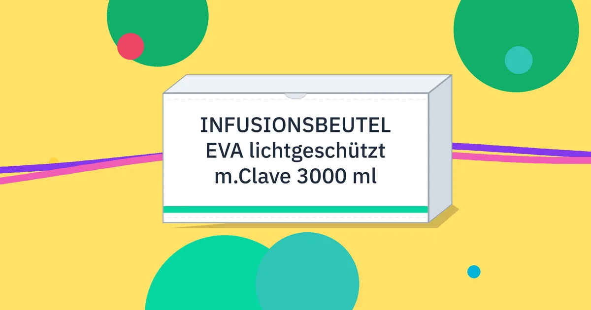 Symbolbild: Packung mit der Aufschrift INFUSIONSBEUTEL EVA lichtgeschützt m.Clave 3000 ml (PZN 12573209) – Verfügbarkeit und Bezug in Apotheken in Frankfurt am Main
