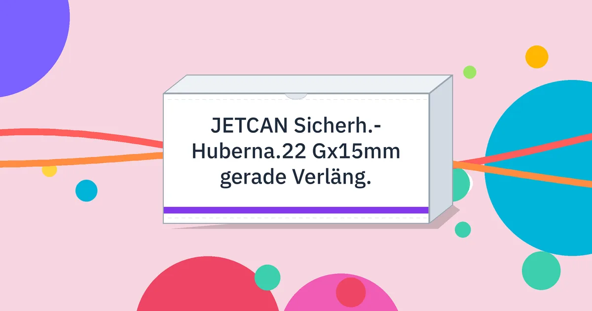 Symbolbild: Packung mit der Aufschrift JETCAN Sicherh.-Huberna.22 Gx15mm gerade Verläng. (PZN 20836031) – Verfügbarkeit und Bezug in Apotheken in Frankfurt am Main