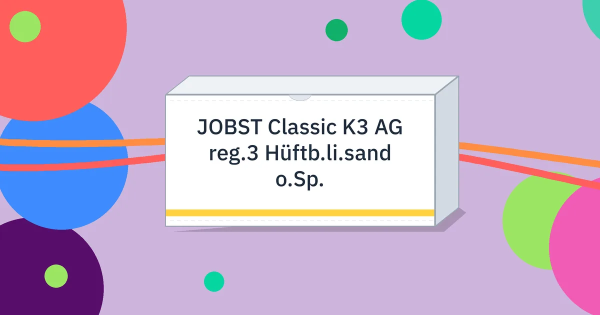 Symbolbild: Packung mit der Aufschrift JOBST Classic K3 AG reg.3 Hüftb.li.sand o.Sp. (PZN 13075614) – Verfügbarkeit und Bezug in Apotheken in Frankfurt am Main