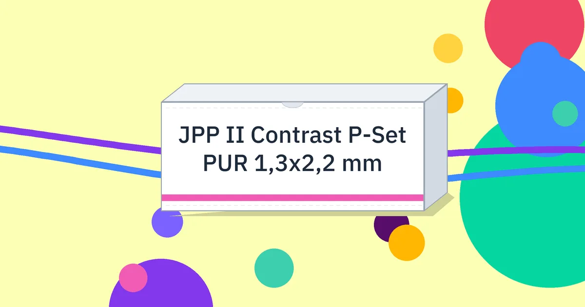 Symbolbild: Packung mit der Aufschrift JPP II Contrast P-Set PUR 1,3x2,2 mm (PZN 17588569) – Verfügbarkeit und Bezug in Apotheken in Frankfurt am Main