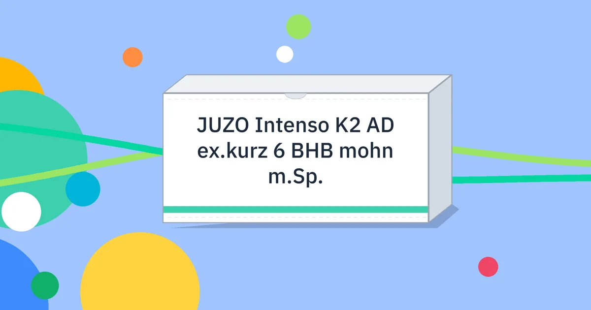 Symbolbild: Packung mit der Aufschrift JUZO Intenso K2 AD ex.kurz 6 BHB mohn m.Sp. (PZN 18615334) – Verfügbarkeit und Bezug in Apotheken in Frankfurt am Main