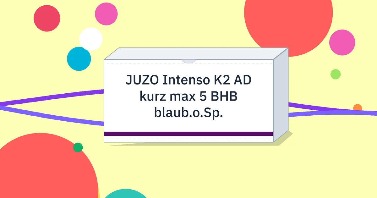 Symbolbild: Packung mit der Aufschrift JUZO Intenso K2 AD kurz max 5 BHB blaub.o.Sp. (PZN 18626295) – Verfügbarkeit und Bezug in Apotheken in Frankfurt am Main
