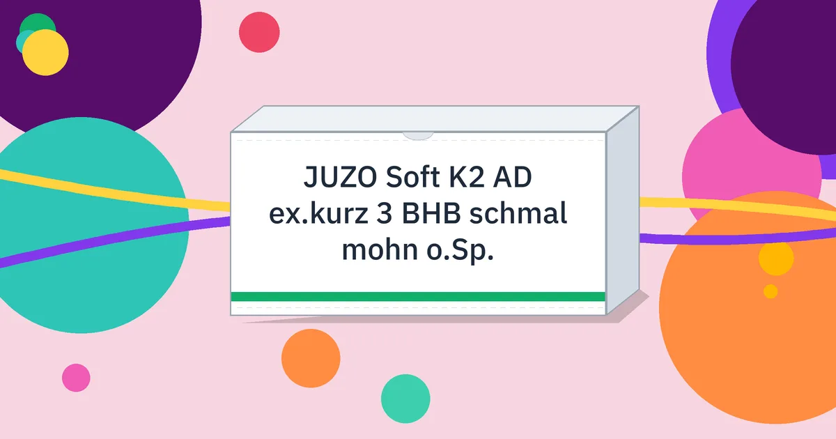 Symbolbild: Packung mit der Aufschrift JUZO Soft K2 AD ex.kurz 3 BHB schmal mohn o.Sp. (PZN 15468625) – Verfügbarkeit und Bezug in Apotheken in Frankfurt am Main
