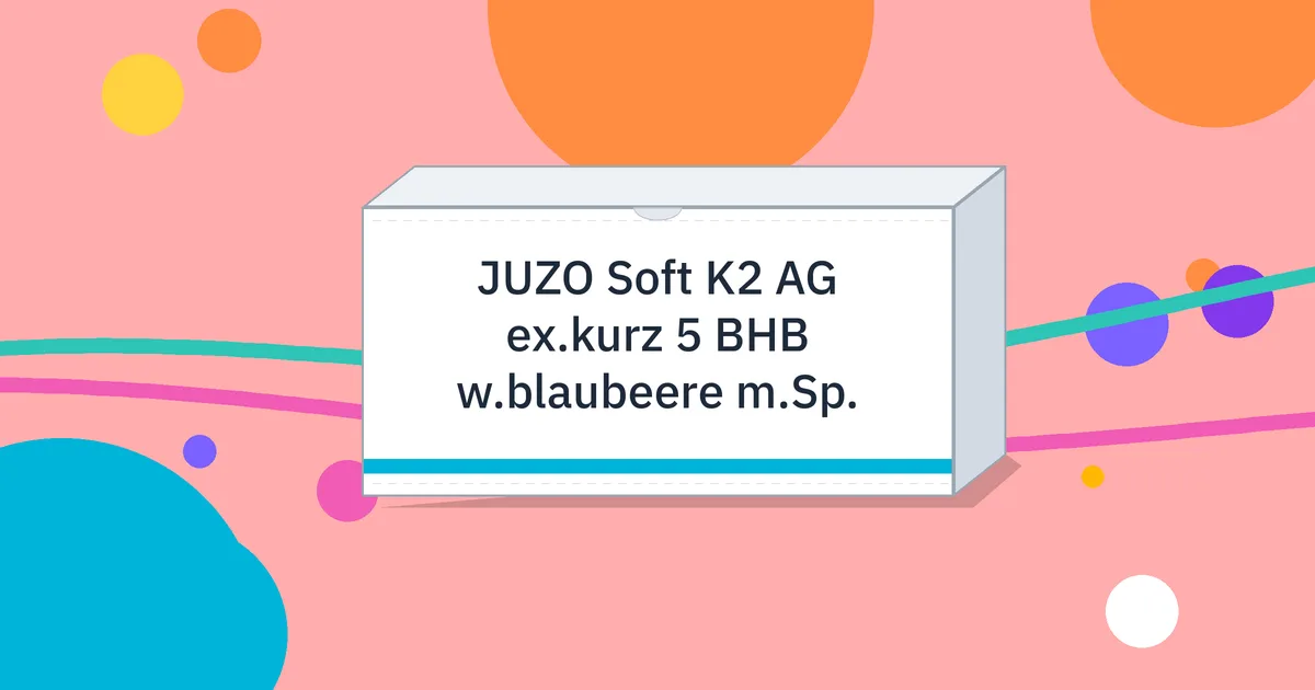 Symbolbild: Packung mit der Aufschrift JUZO Soft K2 AG ex.kurz 5 BHB w.blaubeere m.Sp. (PZN 14843506) – Verfügbarkeit und Bezug in Apotheken in Frankfurt am Main