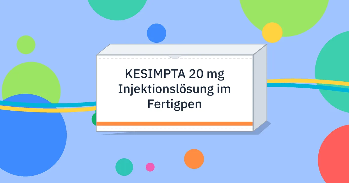 Symbolbild: Packung mit der Aufschrift KESIMPTA 20 mg Injektionslösung im Fertigpen (PZN 16507238) – Verfügbarkeit und Bezug in Apotheken in Frankfurt am Main