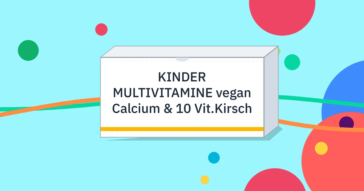 Symbolbild: Packung mit der Aufschrift KINDER MULTIVITAMINE vegan Calcium & 10 Vit.Kirsch (PZN 20407867) – Verfügbarkeit und Bezug in Apotheken in Frankfurt am Main