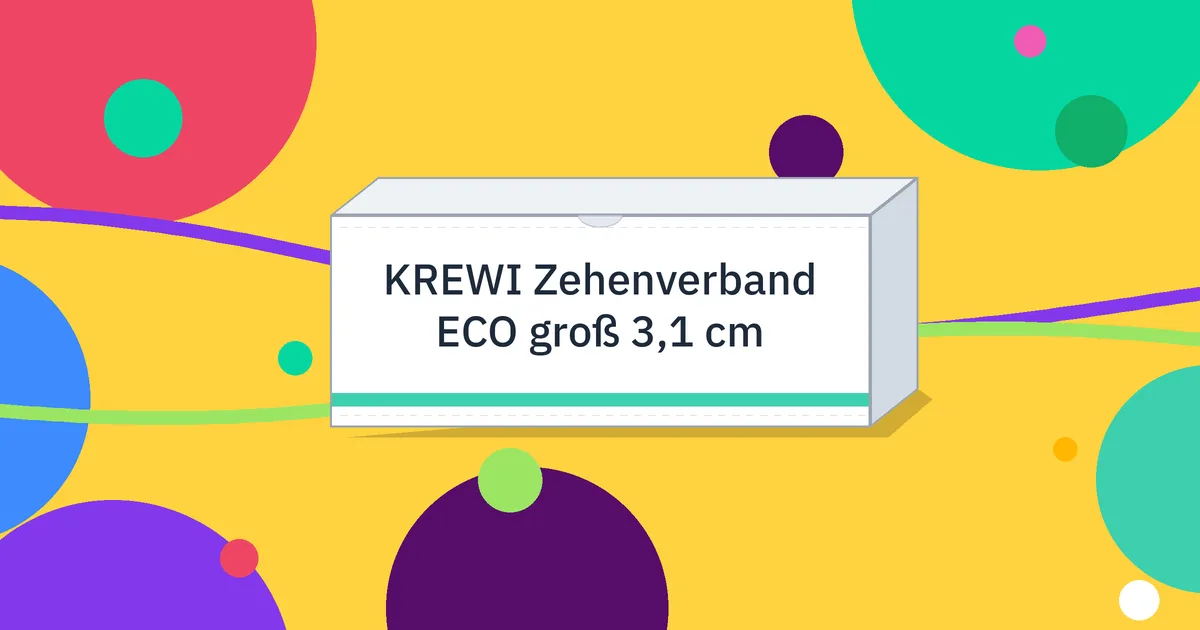 Symbolbild: Packung mit der Aufschrift KREWI Zehenverband ECO groß 3,1 cm (PZN 18129800) – Verfügbarkeit und Bezug in Apotheken in Frankfurt am Main