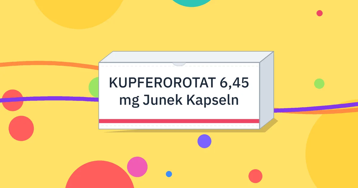 Symbolbild: Packung mit der Aufschrift KUPFEROROTAT 6,45 mg Junek Kapseln (PZN 11658659) – Verfügbarkeit und Bezug in Apotheken in Frankfurt am Main
