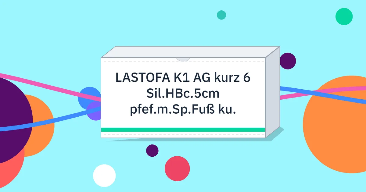 Symbolbild: Packung mit der Aufschrift LASTOFA K1 AG kurz 6 Sil.HBc.5cm pfef.m.Sp.Fuß ku. (PZN 13794875) – Verfügbarkeit und Bezug in Apotheken in Frankfurt am Main