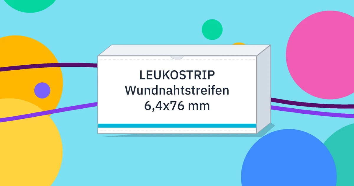 Symbolbild: Packung mit der Aufschrift LEUKOSTRIP Wundnahtstreifen 6,4x76 mm (PZN 16156520) – Verfügbarkeit und Bezug in Apotheken in Frankfurt am Main