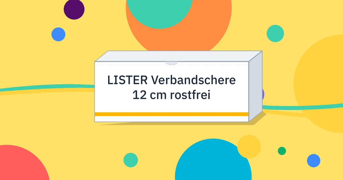 Symbolbild: Packung mit der Aufschrift LISTER Verbandschere 12 cm rostfrei (PZN 17287112) – Verfügbarkeit und Bezug in Apotheken in Frankfurt am Main