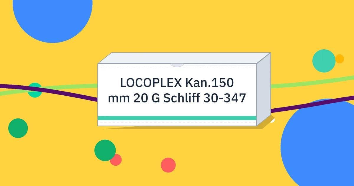 Symbolbild: Packung mit der Aufschrift LOCOPLEX Kan.150 mm 20 G Schliff 30-347 (PZN 00994590) – Verfügbarkeit und Bezug in Apotheken in Frankfurt am Main