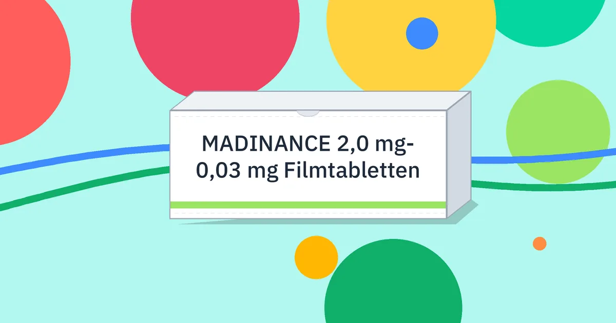 Symbolbild: Packung mit der Aufschrift MADINANCE 2,0 mg-0,03 mg Filmtabletten (PZN 10394974) – Verfügbarkeit und Bezug in Apotheken in Frankfurt am Main