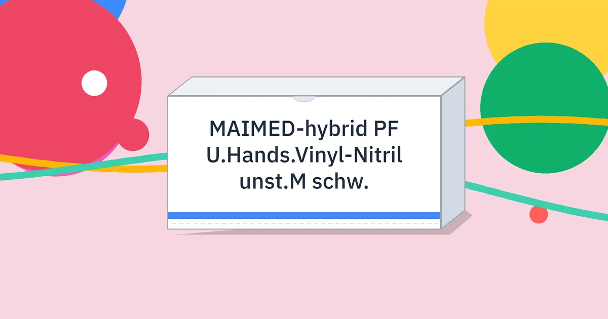 Symbolbild: Packung mit der Aufschrift MAIMED-hybrid PF U.Hands.Vinyl-Nitril unst.M schw. (PZN 17955648) – Verfügbarkeit und Bezug in Apotheken in Frankfurt am Main