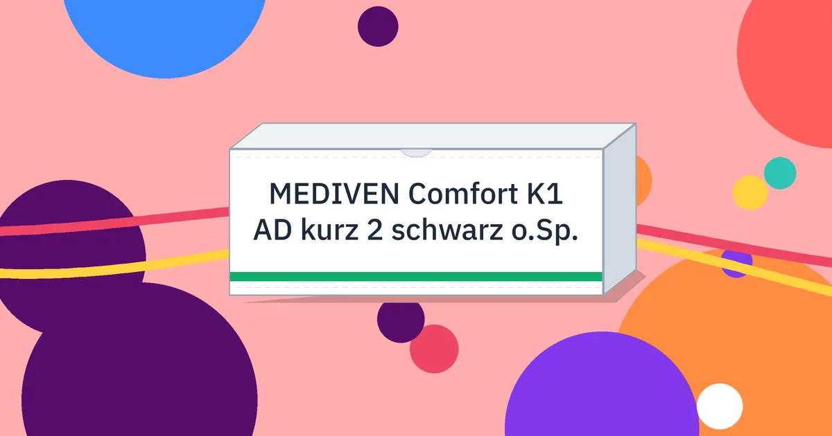 Symbolbild: Packung mit der Aufschrift MEDIVEN Comfort K1 AD kurz 2 schwarz o.Sp. (PZN 04418908) – Verfügbarkeit und Bezug in Apotheken in Frankfurt am Main