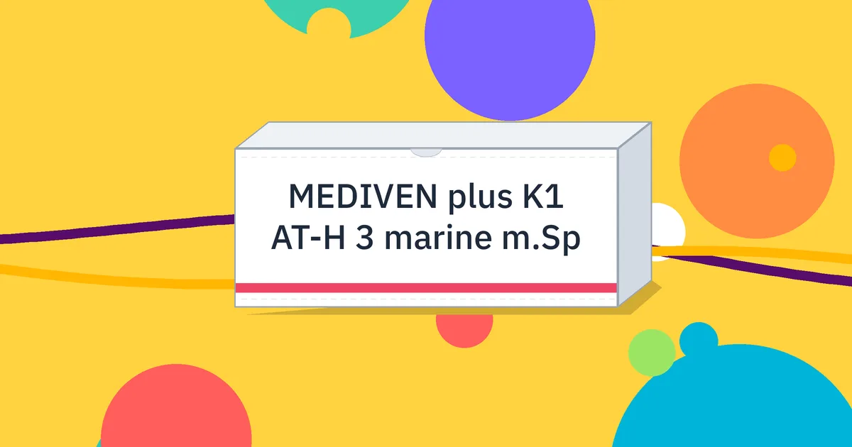 Symbolbild: Packung mit der Aufschrift MEDIVEN plus K1 AT-H 3 marine m.Sp (PZN 15035205) – Verfügbarkeit und Bezug in Apotheken in Frankfurt am Main