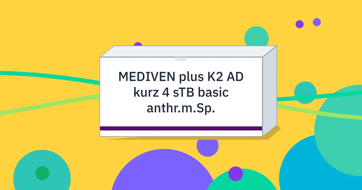 Symbolbild: Packung mit der Aufschrift MEDIVEN plus K2 AD kurz 4 sTB basic anthr.m.Sp. (PZN 15099300) – Verfügbarkeit und Bezug in Apotheken in Frankfurt am Main