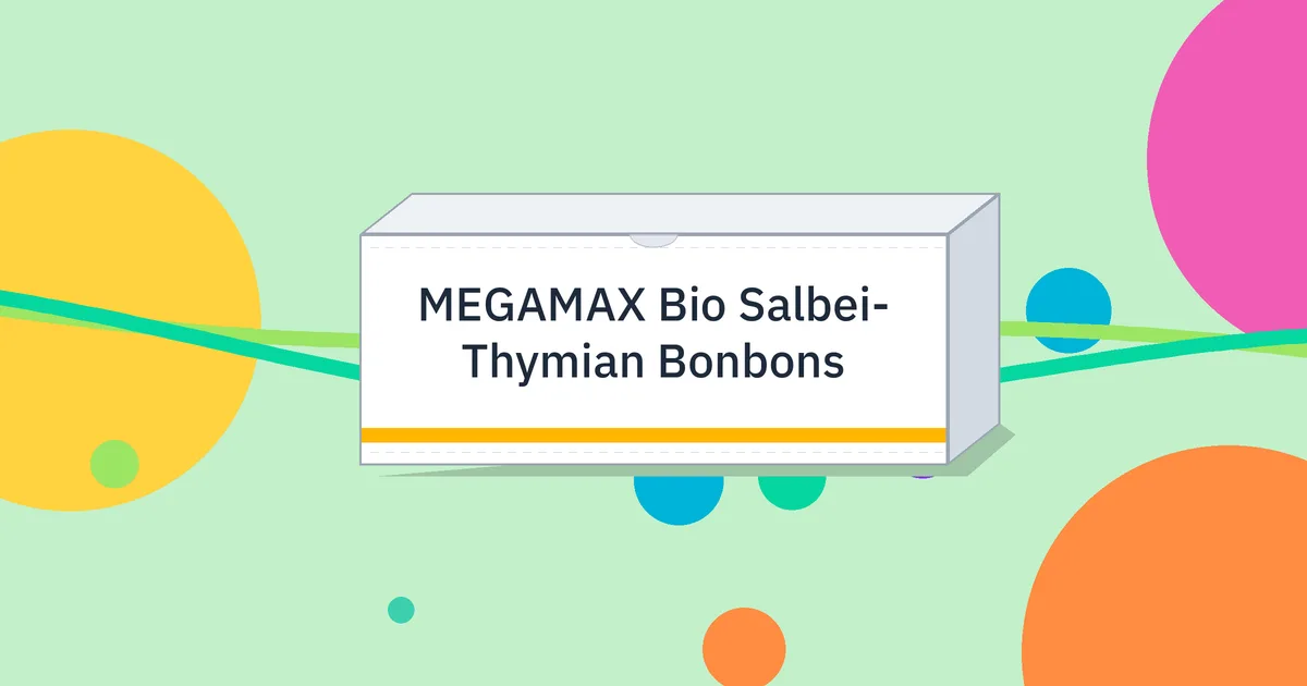 Symbolbild: Packung mit der Aufschrift MEGAMAX Bio Salbei-Thymian Bonbons (PZN 14372107) – Verfügbarkeit und Bezug in Apotheken in Frankfurt am Main