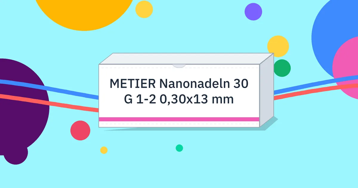 Symbolbild: Packung mit der Aufschrift METIER Nanonadeln 30 G 1-2 0,30x13 mm (PZN 18788922) – Verfügbarkeit und Bezug in Apotheken in Frankfurt am Main