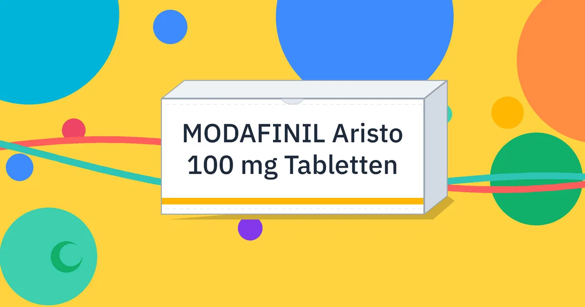 Symbolbild: Packung mit der Aufschrift MODAFINIL Aristo 100 mg Tabletten (PZN 15370820) – Verfügbarkeit und Bezug in Apotheken in Frankfurt am Main