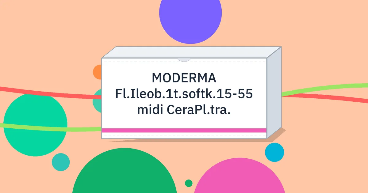 Symbolbild: Packung mit der Aufschrift MODERMA Fl.Ileob.1t.softk.15-55 midi CeraPl.tra. (PZN 18109140) – Verfügbarkeit und Bezug in Apotheken in Frankfurt am Main