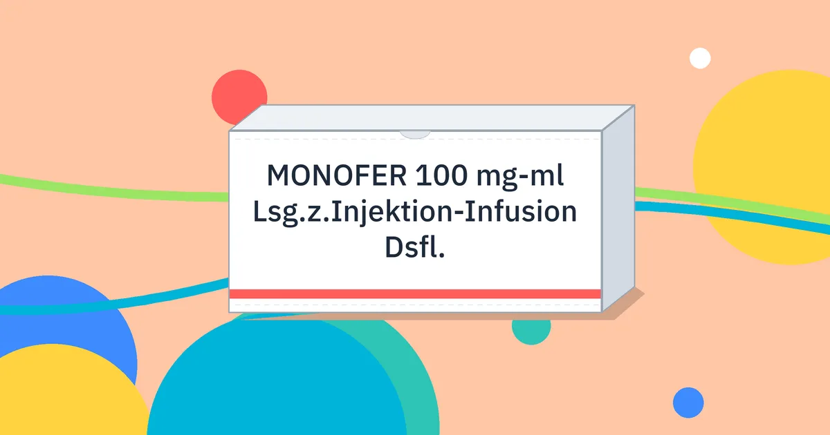 Symbolbild: Packung mit der Aufschrift MONOFER 100 mg-ml Lsg.z.Injektion-Infusion Dsfl. (PZN 09759407) – Verfügbarkeit und Bezug in Apotheken in Frankfurt am Main