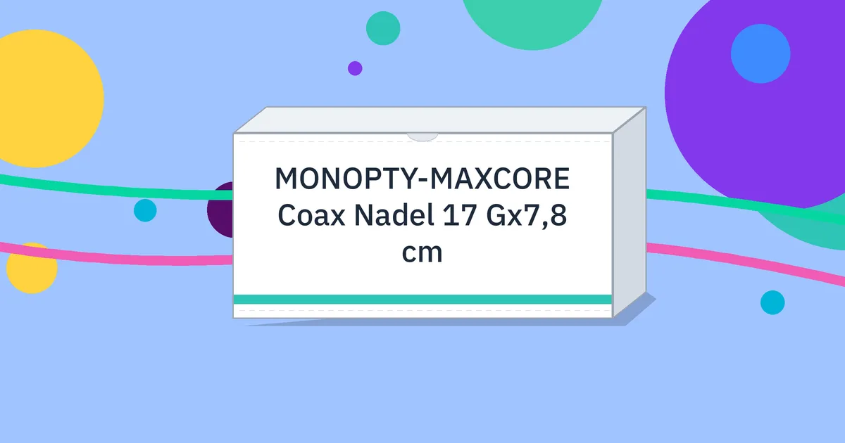 Symbolbild: Packung mit der Aufschrift MONOPTY-MAXCORE Coax Nadel 17 Gx7,8 cm (PZN 07780774) – Verfügbarkeit und Bezug in Apotheken in Frankfurt am Main