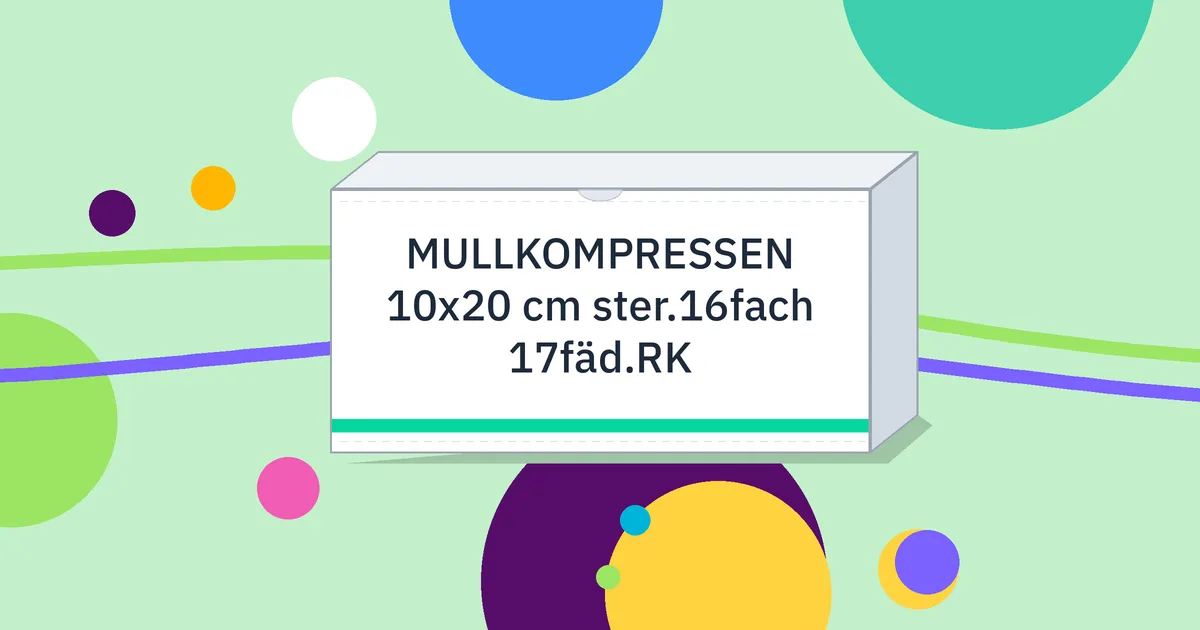 Symbolbild: Packung mit der Aufschrift MULLKOMPRESSEN 10x20 cm ster.16fach 17fäd.RK (PZN 06931633) – Verfügbarkeit und Bezug in Apotheken in Frankfurt am Main