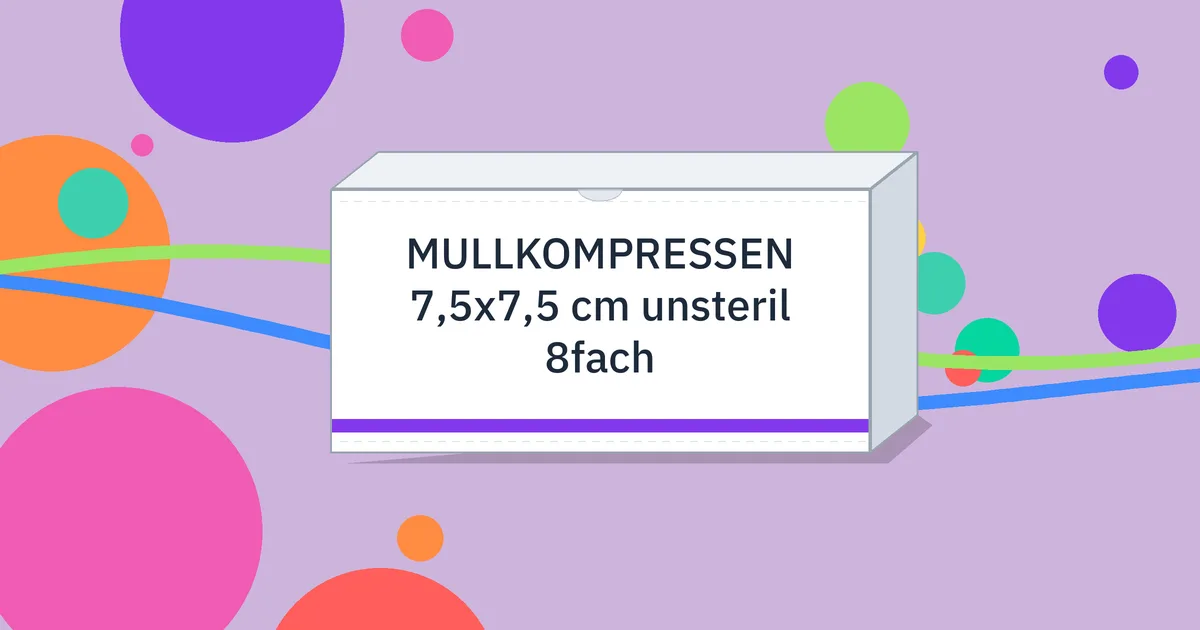 Symbolbild: Packung mit der Aufschrift MULLKOMPRESSEN 7,5x7,5 cm unsteril 8fach (PZN 11296222) – Verfügbarkeit und Bezug in Apotheken in Frankfurt am Main