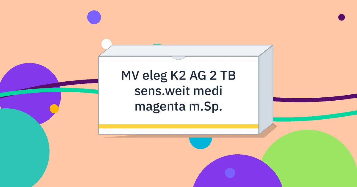 Symbolbild: Packung mit der Aufschrift MV eleg K2 AG 2 TB sens.weit medi magenta m.Sp. (PZN 14641317) – Verfügbarkeit und Bezug in Apotheken in Frankfurt am Main