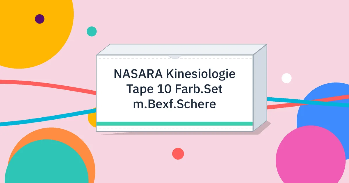Symbolbild: Packung mit der Aufschrift NASARA Kinesiologie Tape 10 Farb.Set m.Bexf.Schere (PZN 03427360) – Verfügbarkeit und Bezug in Apotheken in Frankfurt am Main