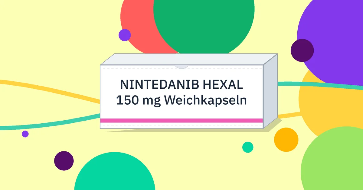 Symbolbild: Packung mit der Aufschrift NINTEDANIB HEXAL 150 mg Weichkapseln (PZN 19719975) – Verfügbarkeit und Bezug in Apotheken in Frankfurt am Main