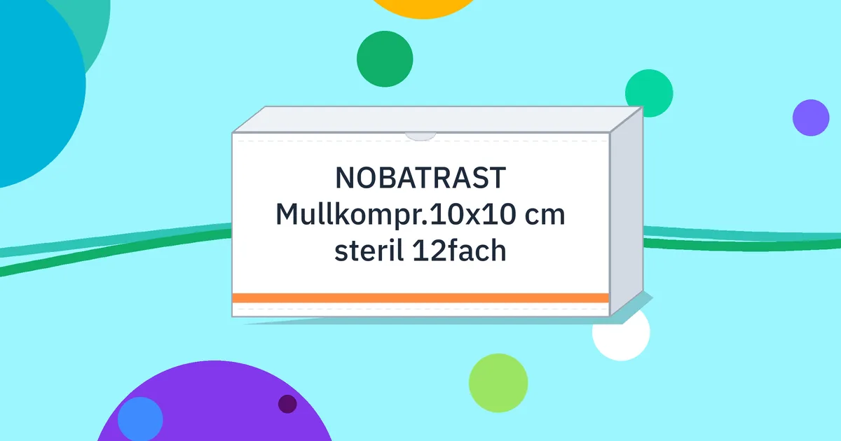 Symbolbild: Packung mit der Aufschrift NOBATRAST Mullkompr.10x10 cm steril 12fach (PZN 08848942) – Verfügbarkeit und Bezug in Apotheken in Frankfurt am Main