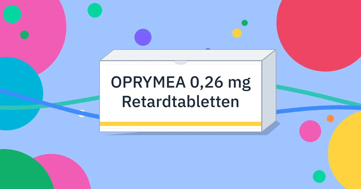 Symbolbild: Packung mit der Aufschrift OPRYMEA 0,26 mg Retardtabletten (PZN 10288083) – Verfügbarkeit und Bezug in Apotheken in Frankfurt am Main
