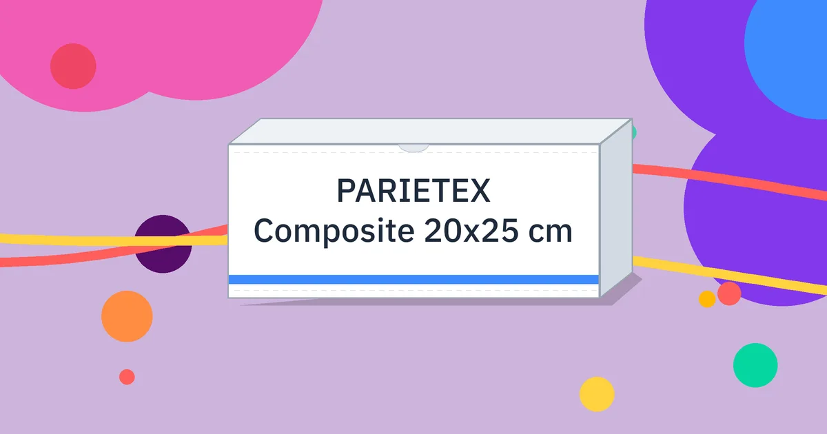 Symbolbild: Packung mit der Aufschrift PARIETEX Composite 20x25 cm (PZN 00229694) – Verfügbarkeit und Bezug in Apotheken in Frankfurt am Main